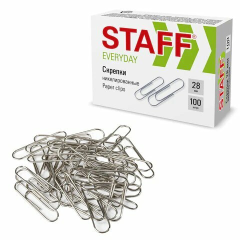 Скрепки STAFF "EVERYDAY", 28 мм, никелированные, 100 шт, в картонной коробке, 226758