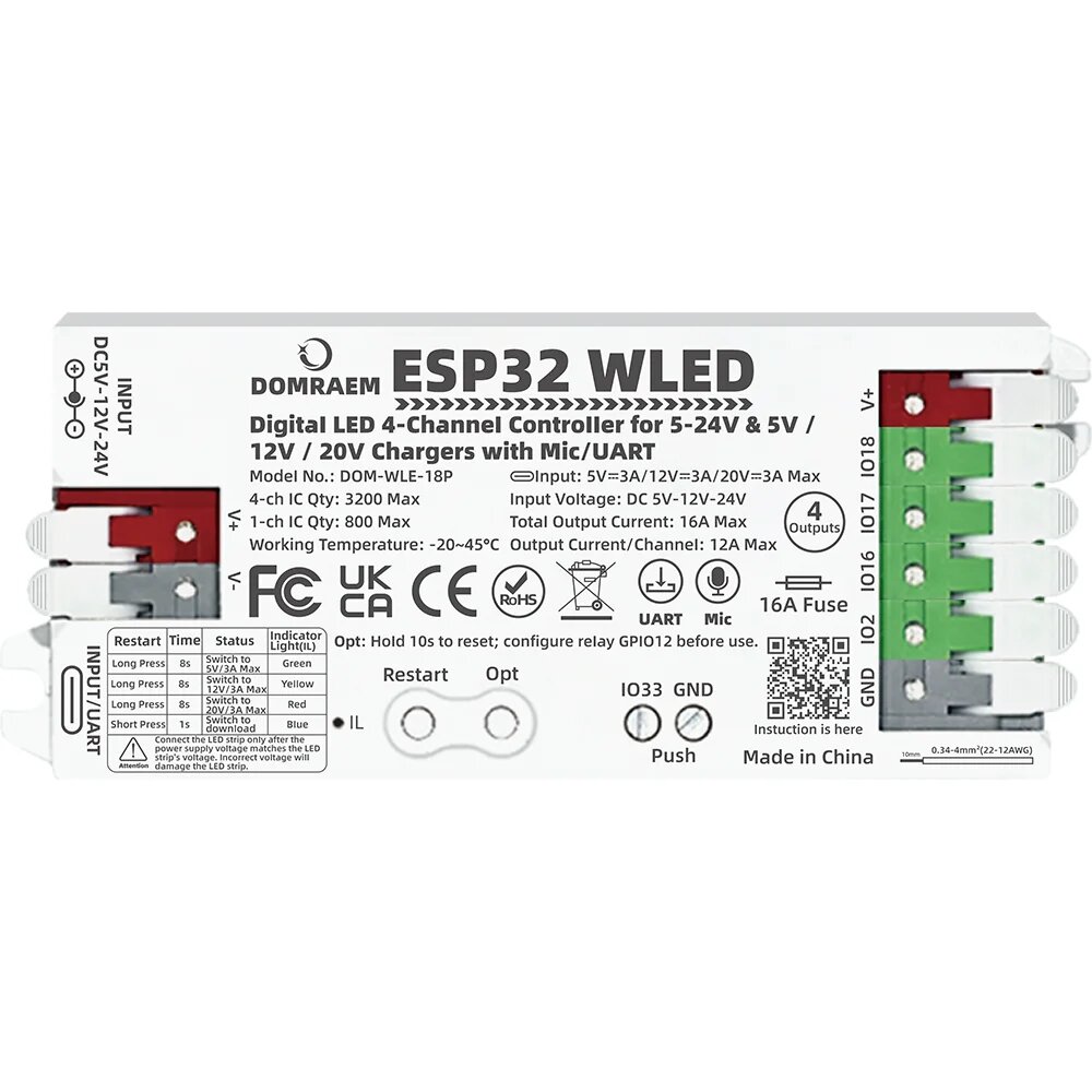 DOMRAEM DOM-WLE-18P 4-канальный RGB контроллер ESP32 4CH Mic UART W