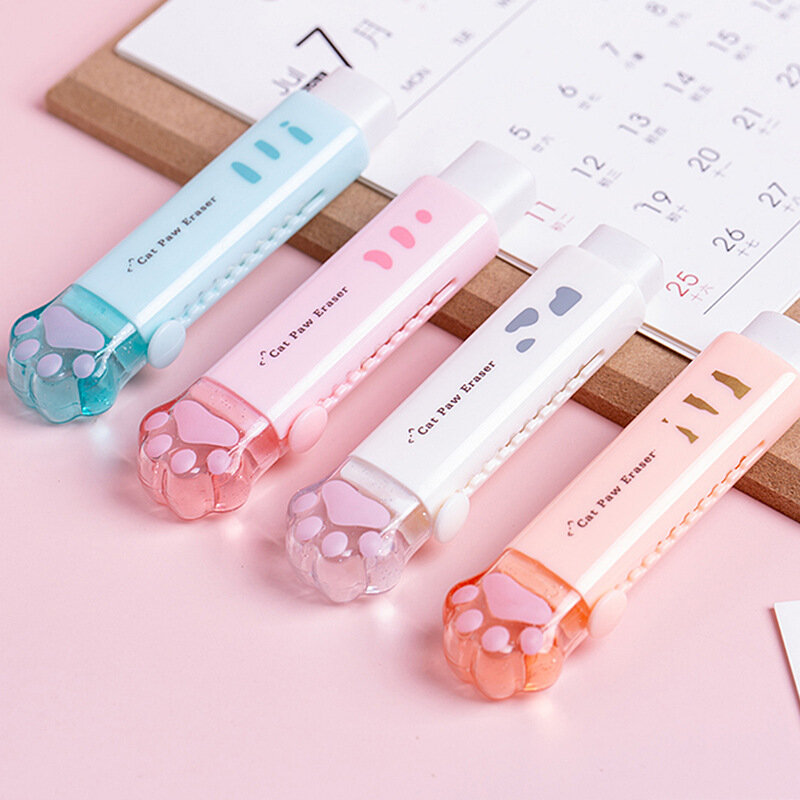 Мультяшный ластик в форме милого кошачьего когтя, автоматический выдвижной тип, ластик для студентов без мусора, девочка, одно поколение, красный. По умолчанию красный. 4 штуки [по одной на каждый из 4 цветов].