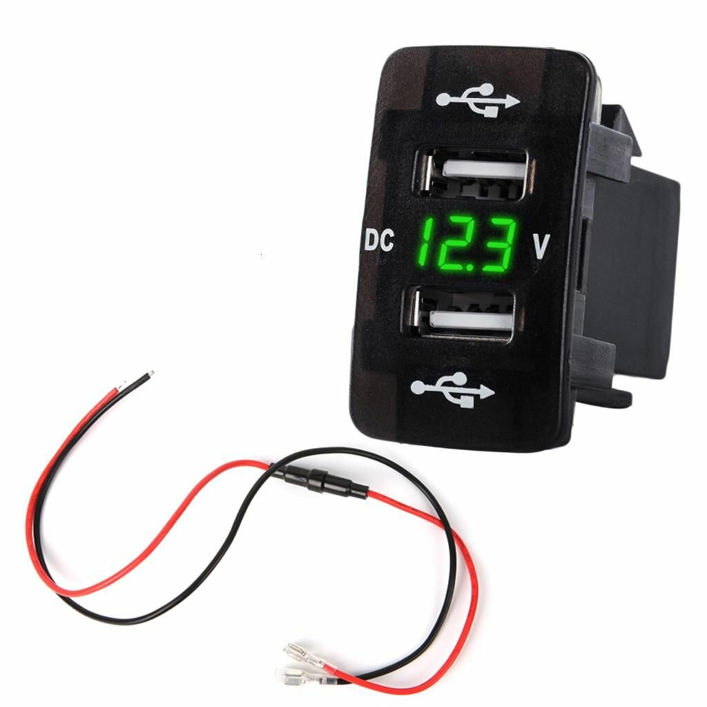 Двухпортовое USB зарядное устройство с вольтметром для авто и мотоцикла, Зеленый