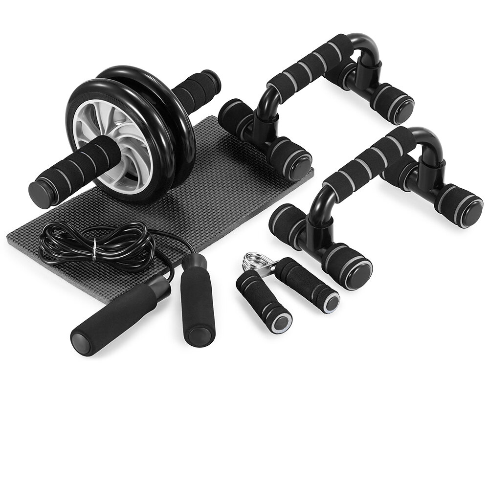 Набор для фитнеса 5 в 1: беговая канатка, ручной жим, штанга для отжиманий, блочный ролик для пресса с коленкой, черно-синий цвет, материал PP, нержавеющая сталь, EVA, ПВХ, размеры: ручной жим 12*9см, штанга для отжиманий 21*13.8*12.5см, блочный ролик