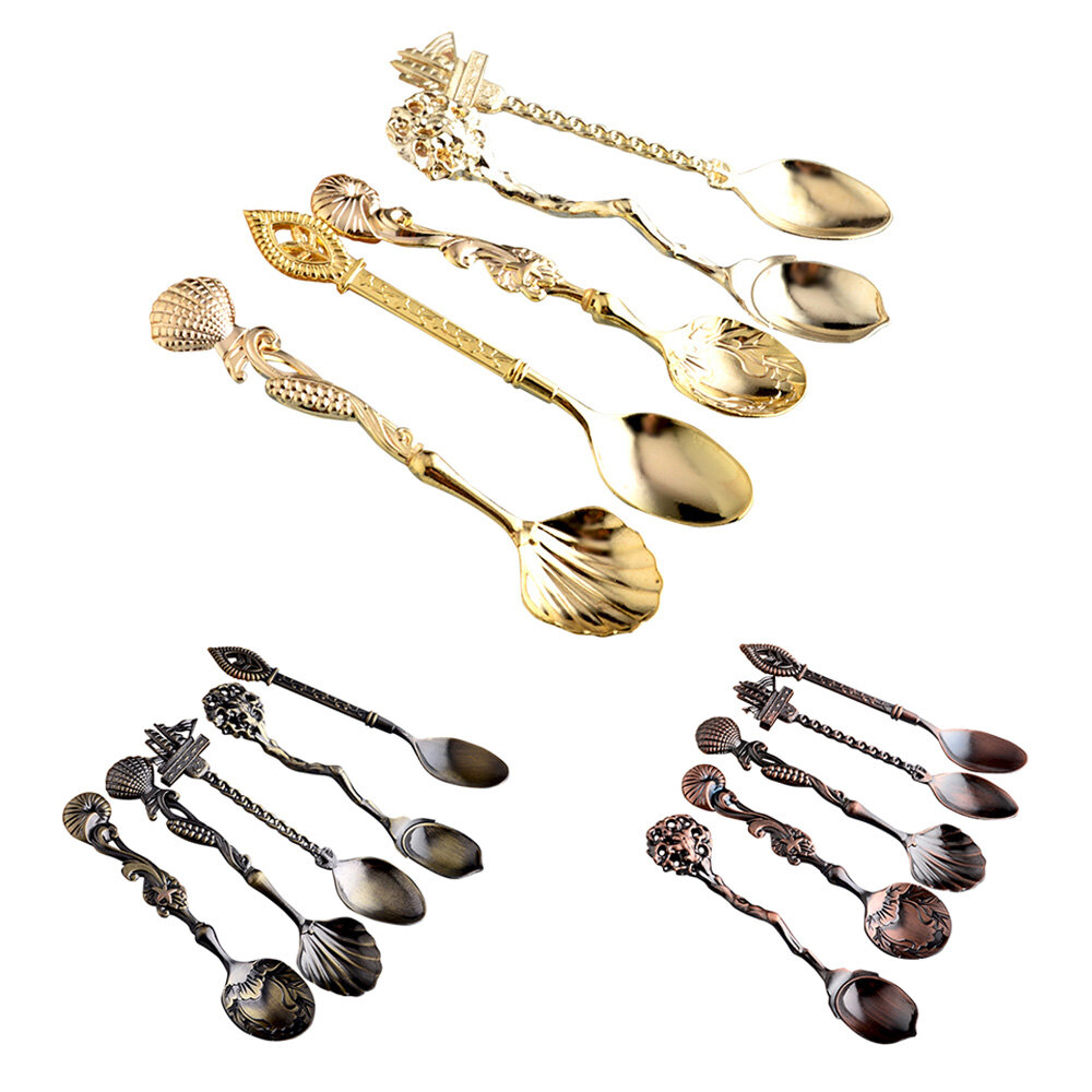 5шт/Набор Ложки Морской Стиль Винтаж для Чая Кофе Антикварная Посуда Цинк-Авлеевый Рельеф Морской Серия Десертные Ложки Декоративная Посуда Столовые приборы, Цвет: Золотой/Медный/Бронзовый (выбор), Длина: 10-12см, Материал: Цинк-Авлеевый, Упаковка: