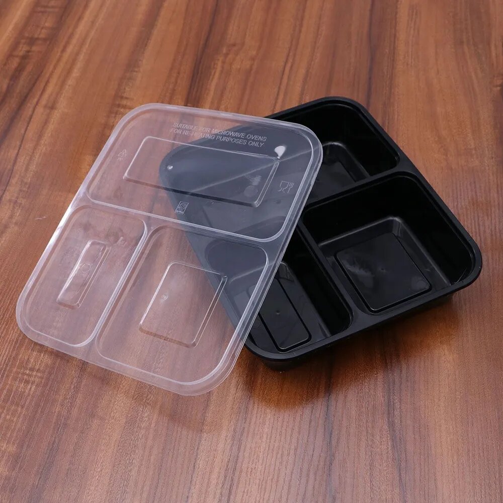 Три секции в каждом одноразовом контейнере для еды, чёрный, четыре штуки в наборе