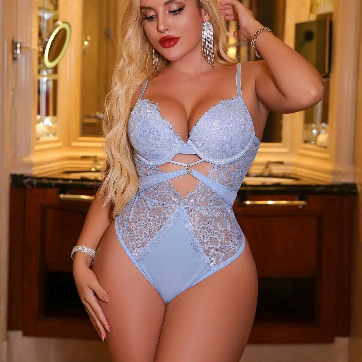 Сексуальный кружевной боди в европейском и американском стиле, облегающий боди-тедди, корректирующее белье, женский комплект нижнего белья. Синий.