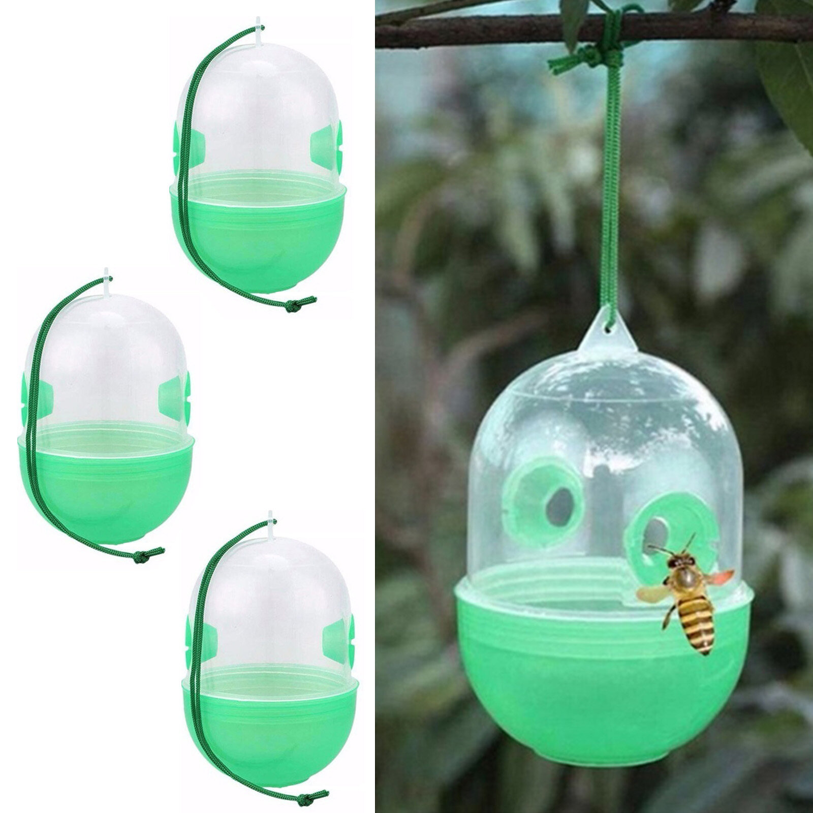 Модель ловушки для ос и пчел многоразовая наружная висячая Plastic Transparent + Green 11.2 x 8.2 x 8.2 cm для борьбы с осыми пчелами шершнями садом инвентарь инструменты Пакет содержит 3 ловушки для пчел