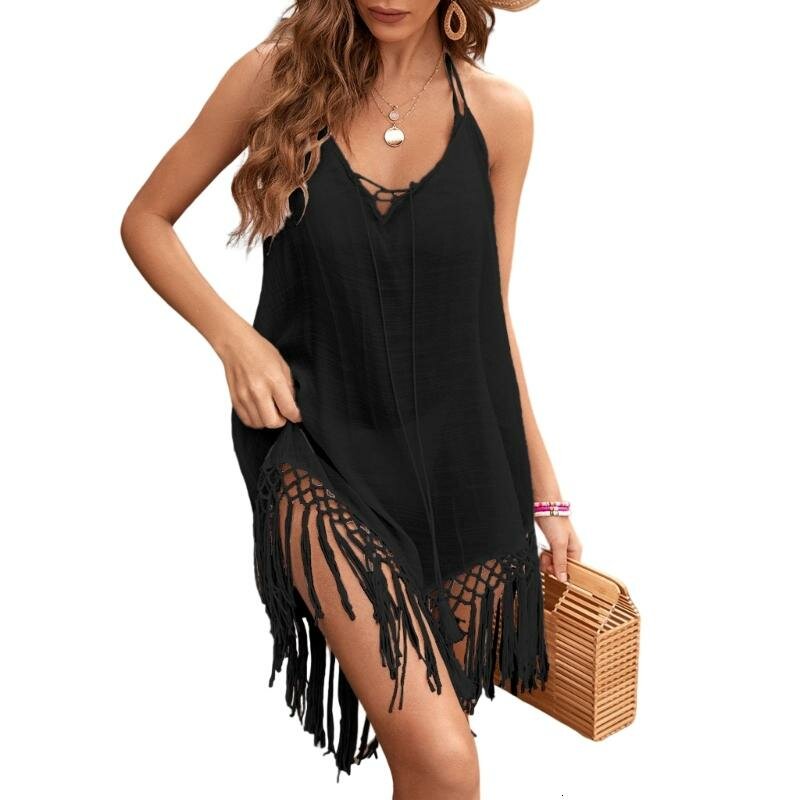 Женское пляжное платье-накидка с бретелями, Черный