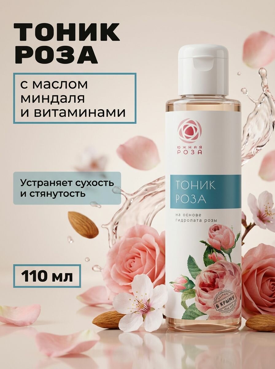 Тоник для лица Роза с маслом миндаля, витаминами B5 и С, увлажняющий, 110 мл