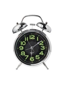 Будильник кварцевый с колокольчиками , громкий механический сигнал, подсветка циферблата, серебро +светонакопительный циферблат