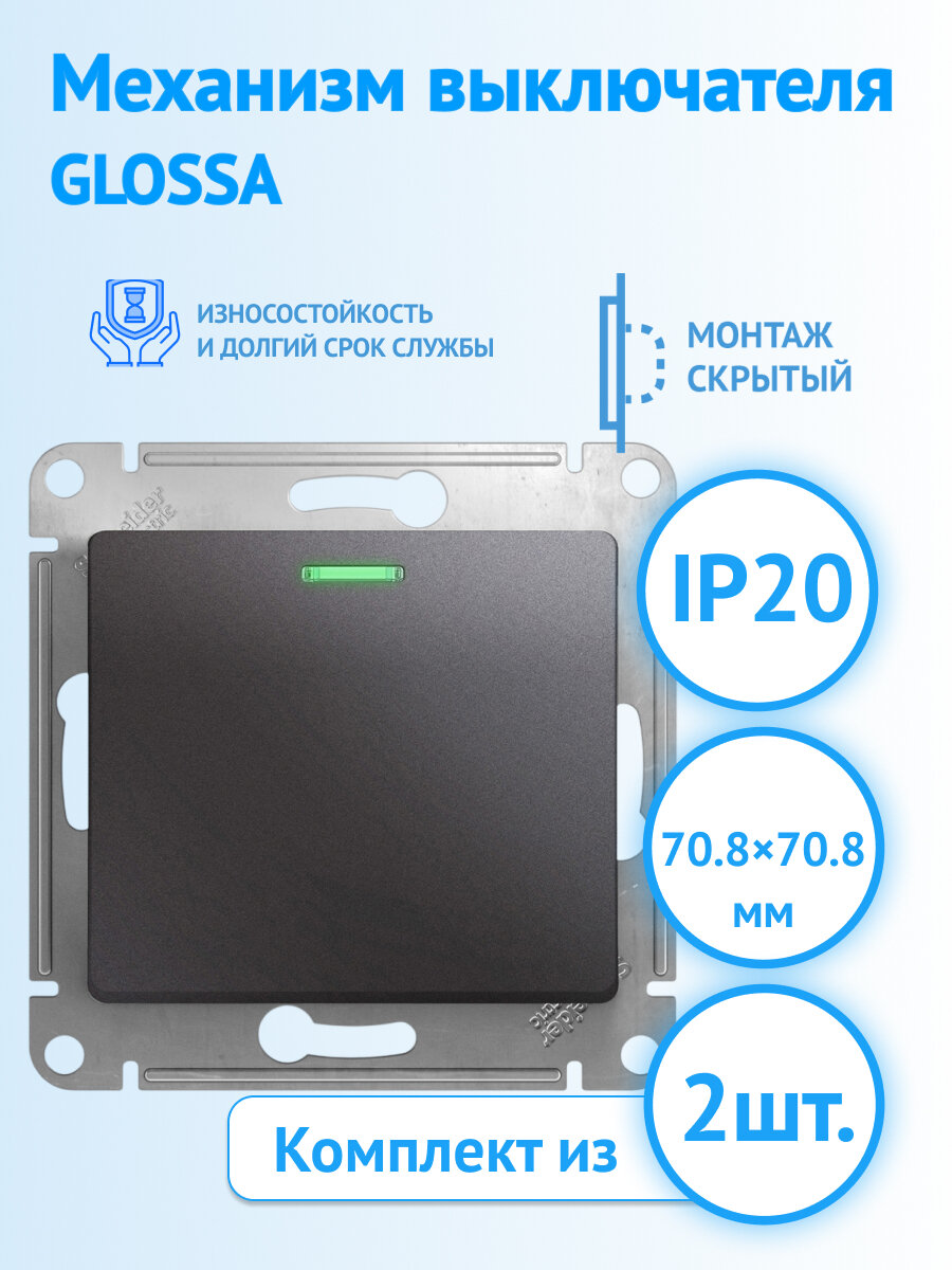 Механизм выключателя Systeme Electric Glossa одноклавишный с индикацией, 10A, графит, GSL001313 (комплект из 2 шт.)