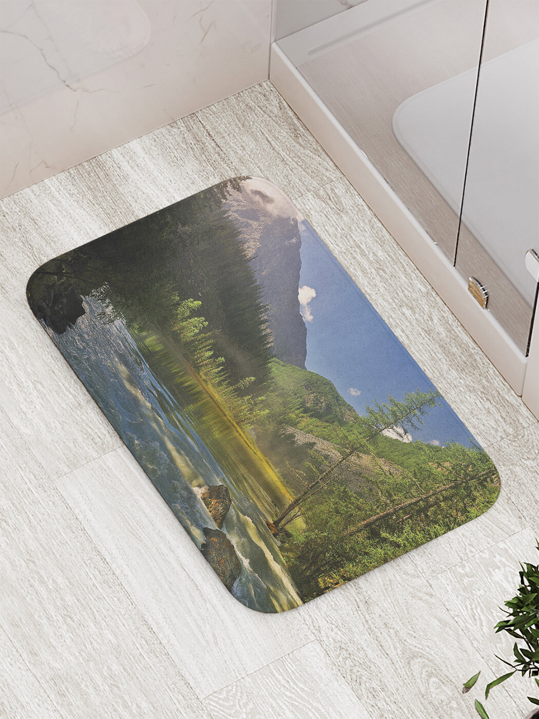 Коврик для ванной комнаты, туалета "Сказочная река перед горой" противоскользящий, 52х77 см, JoyArty