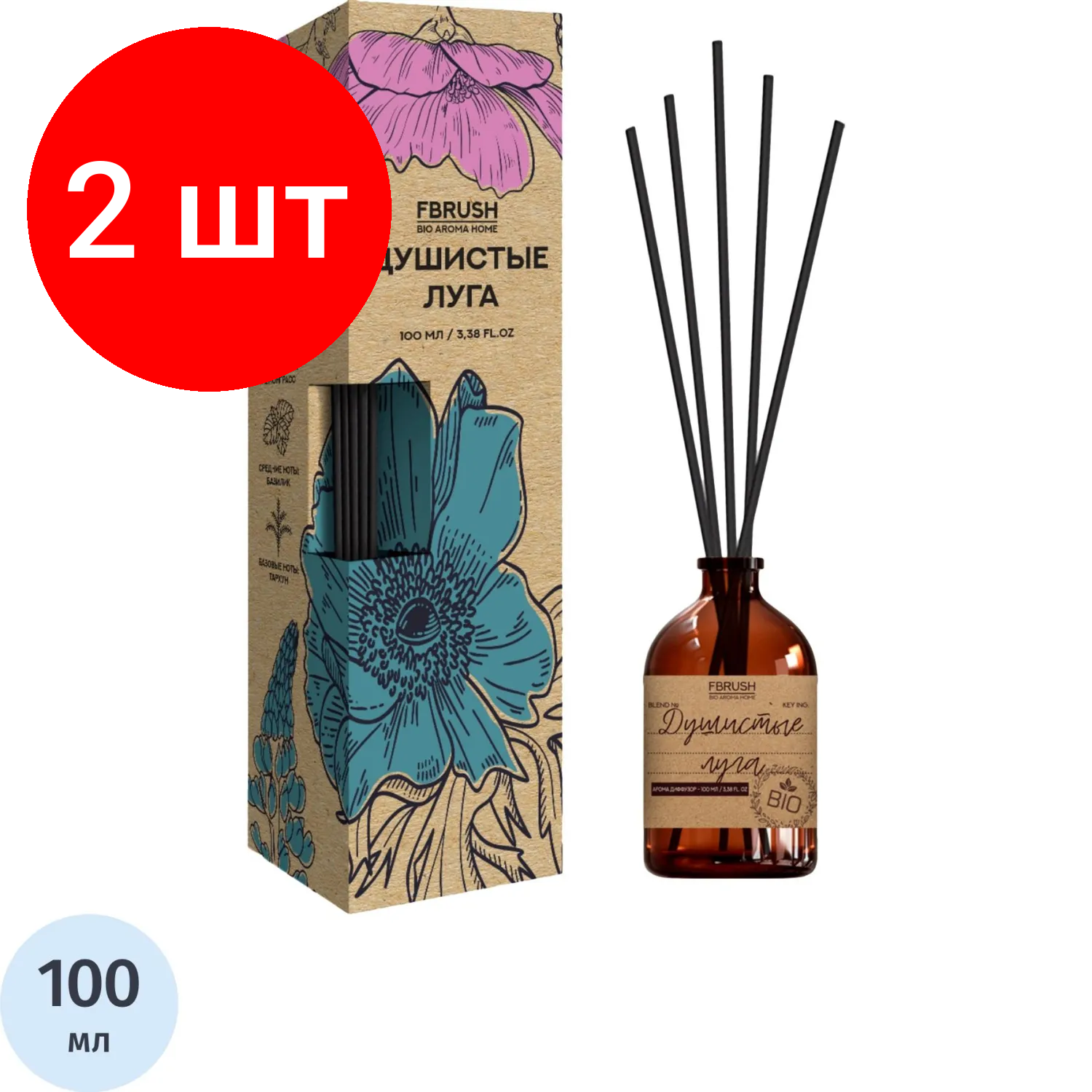 Комплект 2 штук, Аромадиффузор BIO AROMA HOME Душистый луг 100 мл, DBIO100-7