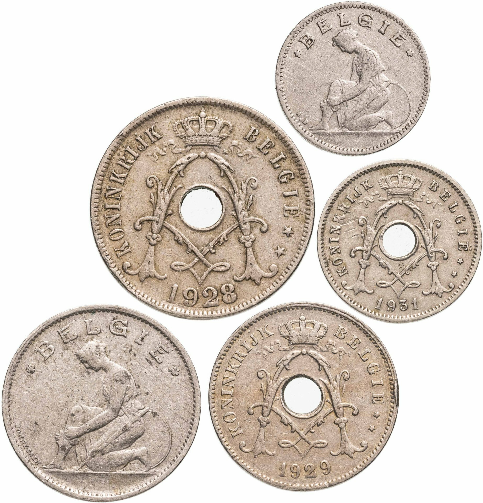 Бельгия набор 1928-1932 5 шт BELGIE, Мельхиор медь-никель, в сохранности VF-XF