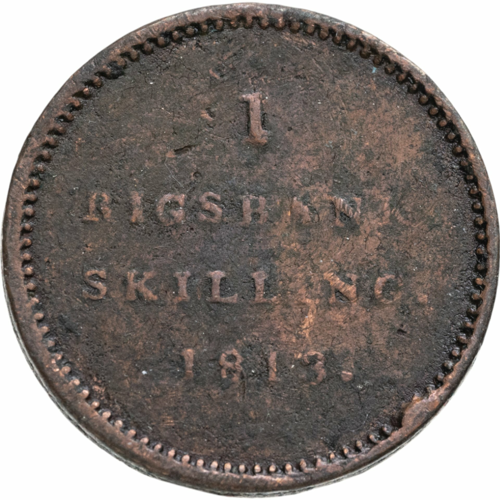 Дания 1 ригсбанкскиллинг rigsbankskilling 1813, Медь, в сохранности F