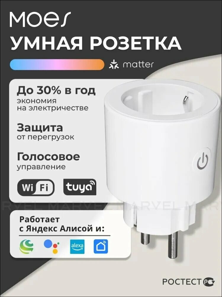 Умная розетка Wi-Fi с таймером включения и выключения Moes MWP-X-EU16M-WH-MS / с заземлением, с голосовым управлением, сценарии работы, Tuya Smart Life, 16А 3,68 кВт белый