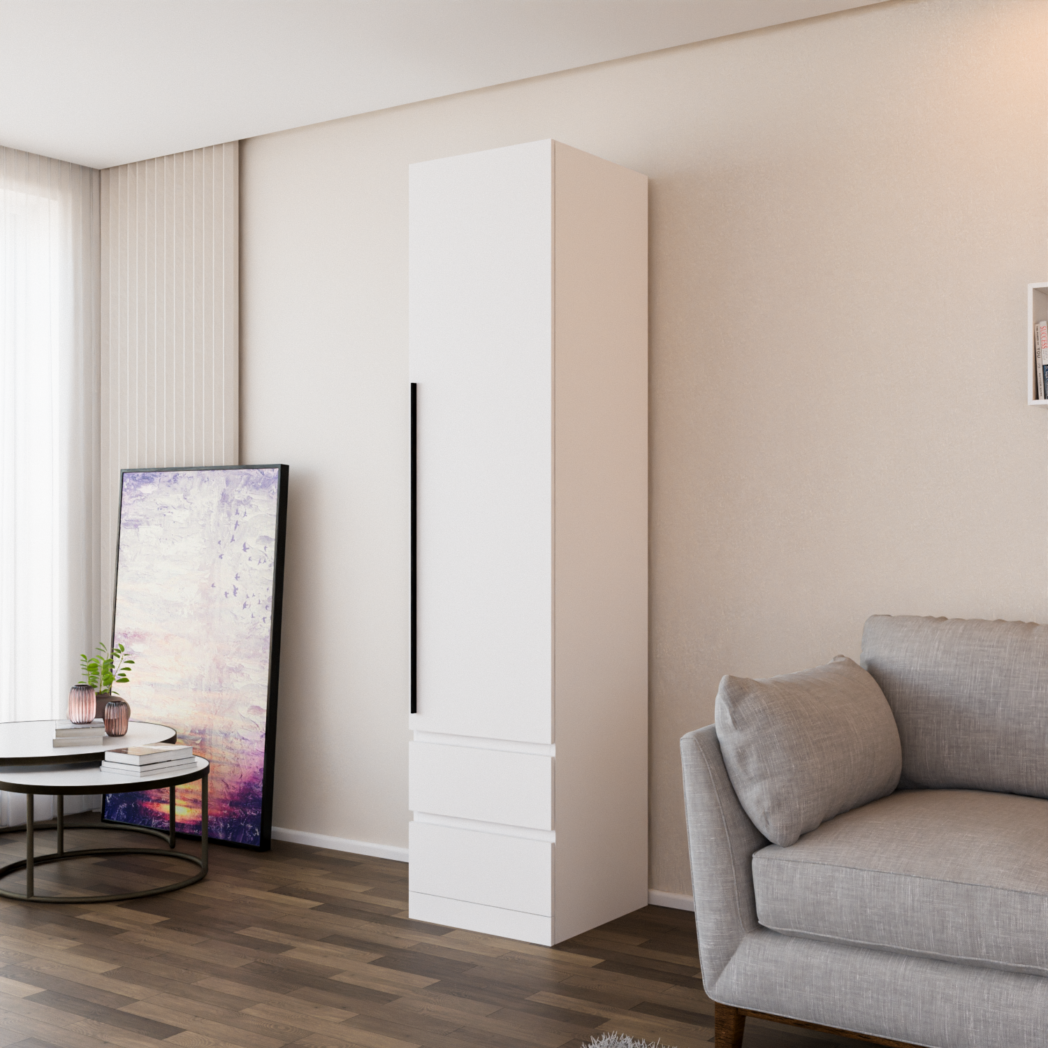 Шкаф-пенал Флокс | Корпус ЛДСП Белый| Фасад ЛДСП Белый | Ручка Чёрная