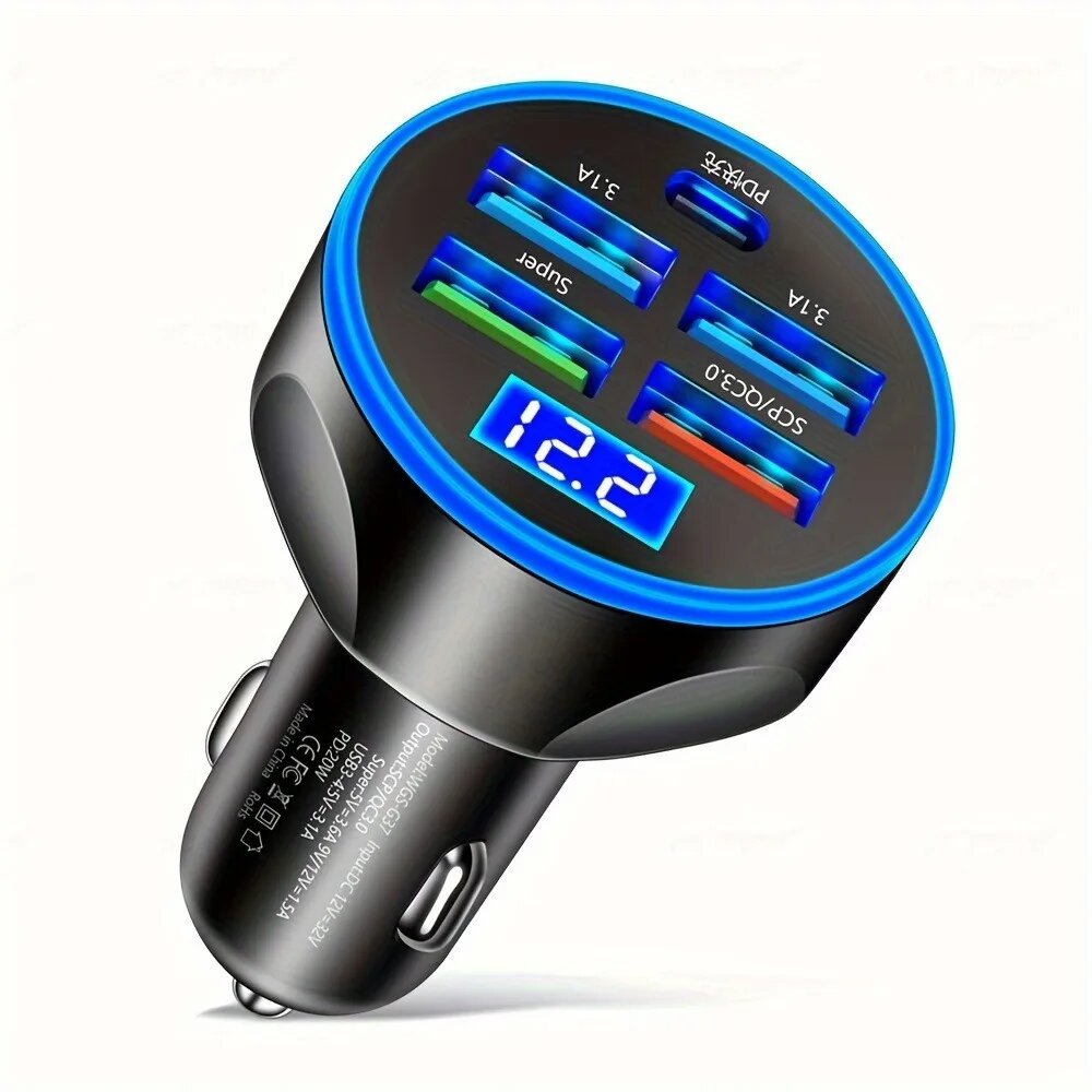 Автомобильное Зарядное Устройство С 4 Портами USB Type-C, Сверхбыстрая Зарядка 3.1A, Цифровой Дисплей