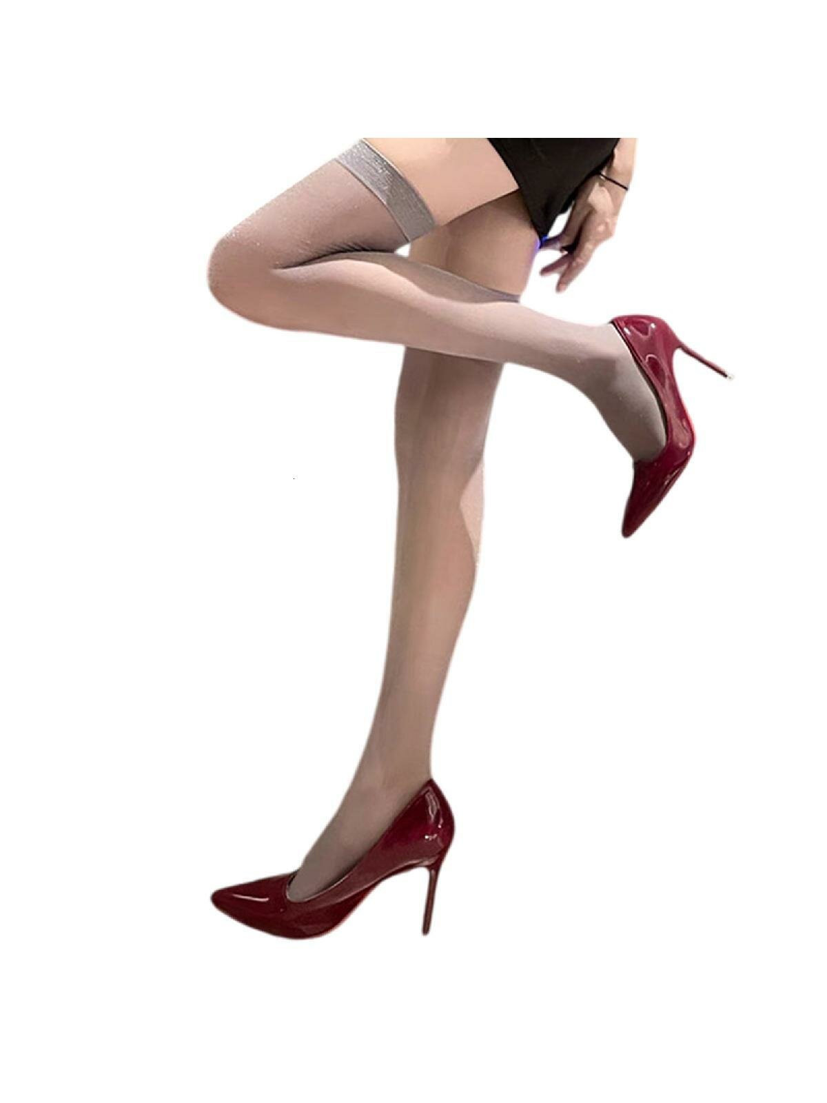 Блестящие ажурные чулки до бедра, Серый