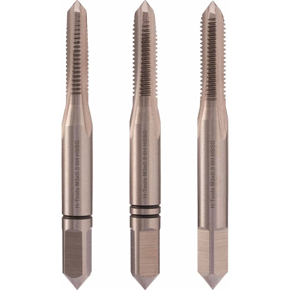 Набор метчиков из 3‑х шт. H‑Tools М3 шаг 0.5 мм DIN352 HSS‑G 230030HT, ручной тип, подходит для стали и чугуна