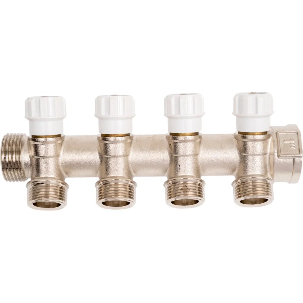 Коллектор с вентилями RTP латунь, наружная резьба, 1"х3/4"х4, никелированный, 39510