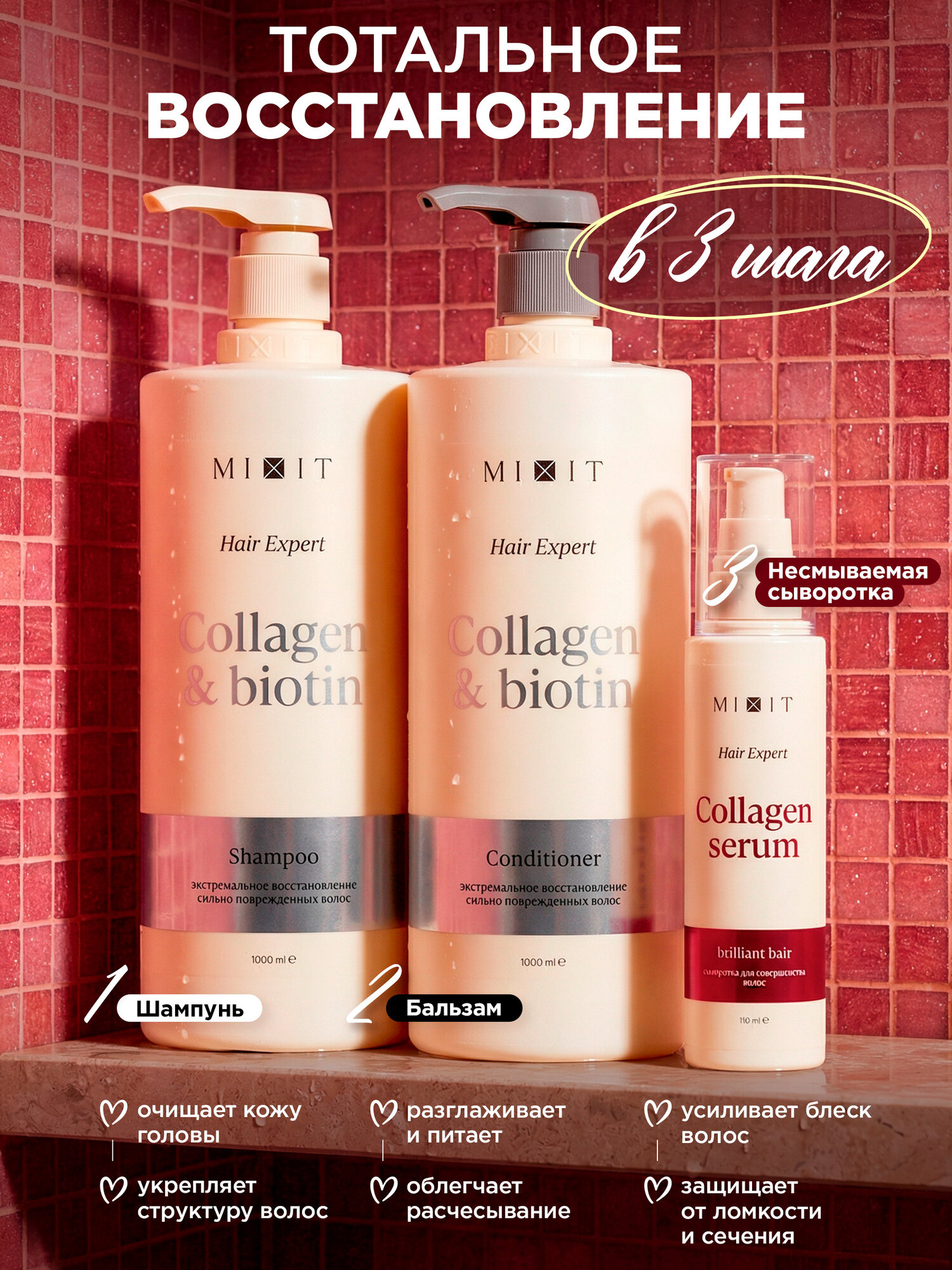 Набор для восстановления волос MIXIT шампунь, бальзам и сыворотка с биотином