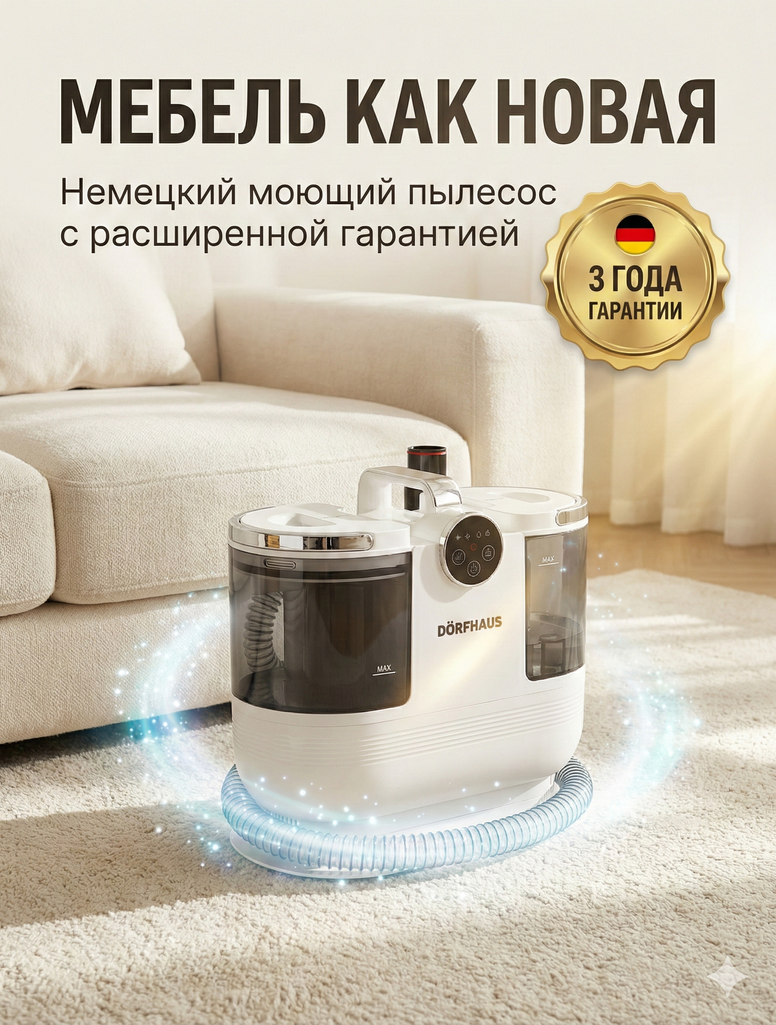 Моющий пылесос для мебели, для ковров, для химчистки DORFHAUS с Функцией Пара