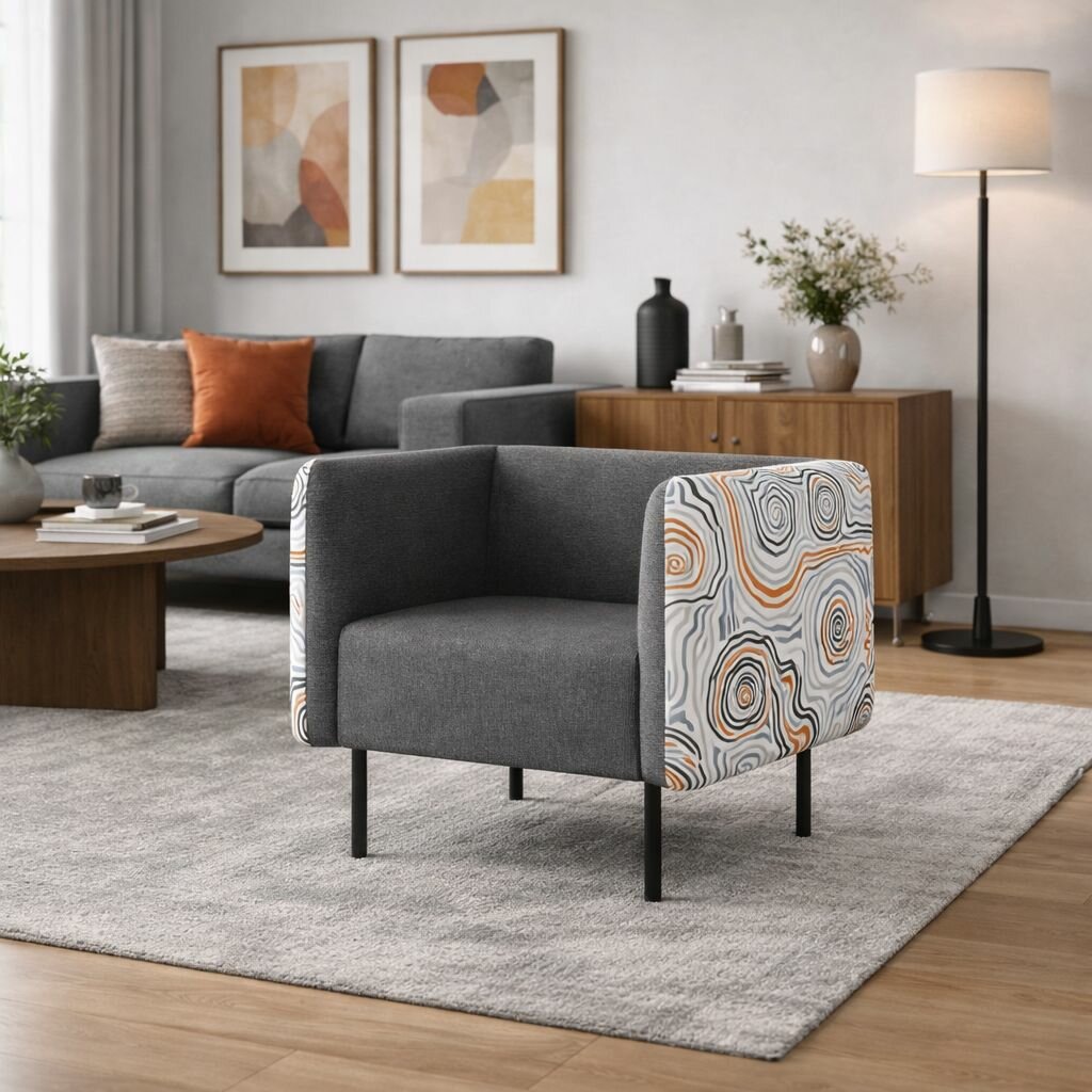 Кресло мягкое для дома Рио D1, для отдыха, серое с принтом / офисное, на кухню, в гостиную, 70x70x72