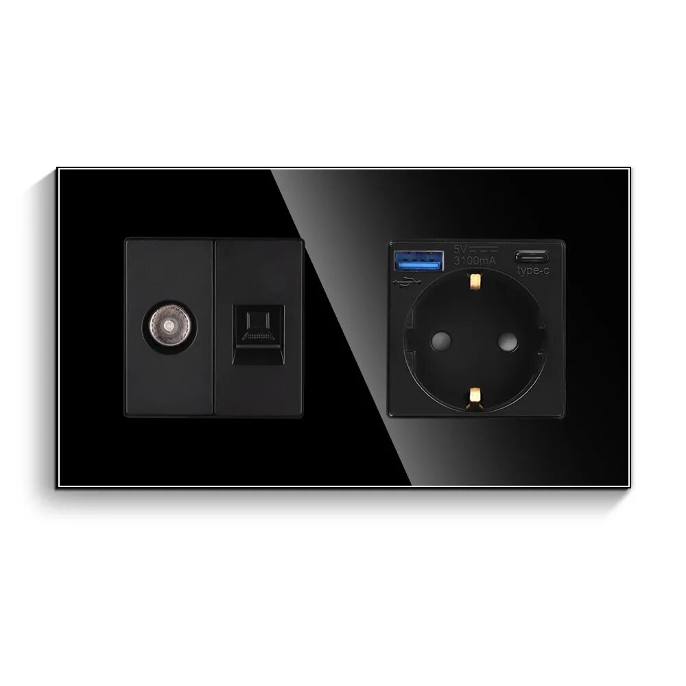 Розетка двойная с usb и type C для тв и RJ 45 Ethernet, c заземлением , черное стеклянная.