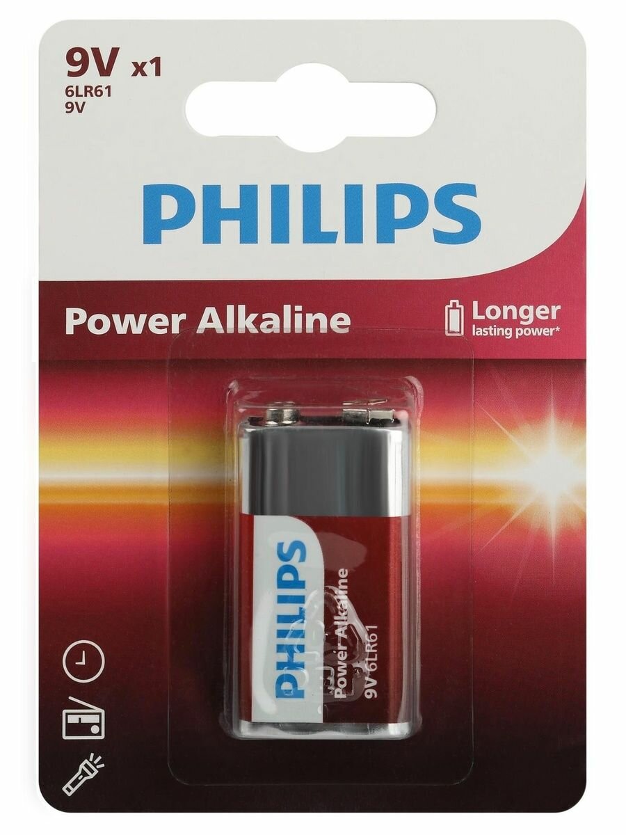 Батарейка Philips 6LR61P1B/51 "крона" алкалиновая 9V 1 шт. 6LR61/9V-1BL Power (1/12/24/6240)
