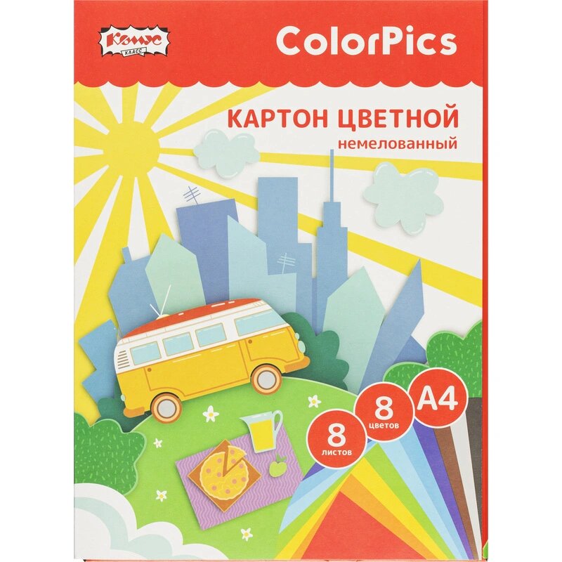 Картон цветной 8л.8цв. А4 немелованный ColorPics в папке