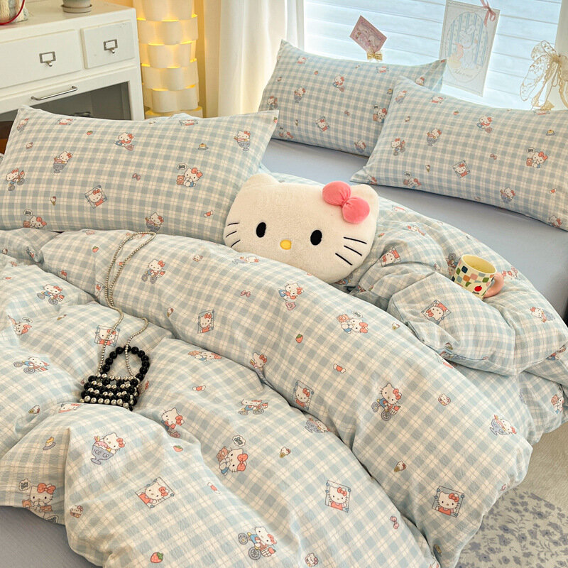 Набор из четырех предметов A-Class Genuine Sanrio из стираного хлопка с двойным слоем пряжи, мультяшный кот KT, набор из трех предметов для общежития из чистого хлопка