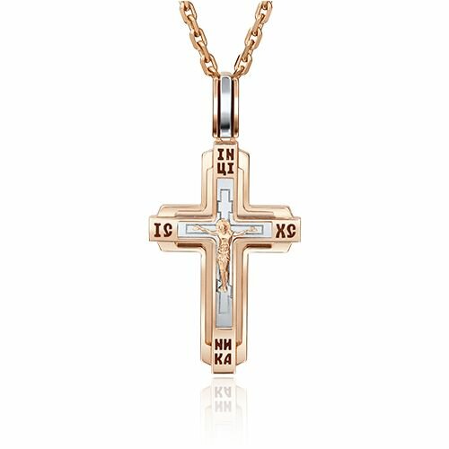 Крестик, комбинированное золото, 585 проба, родирование, эмаль