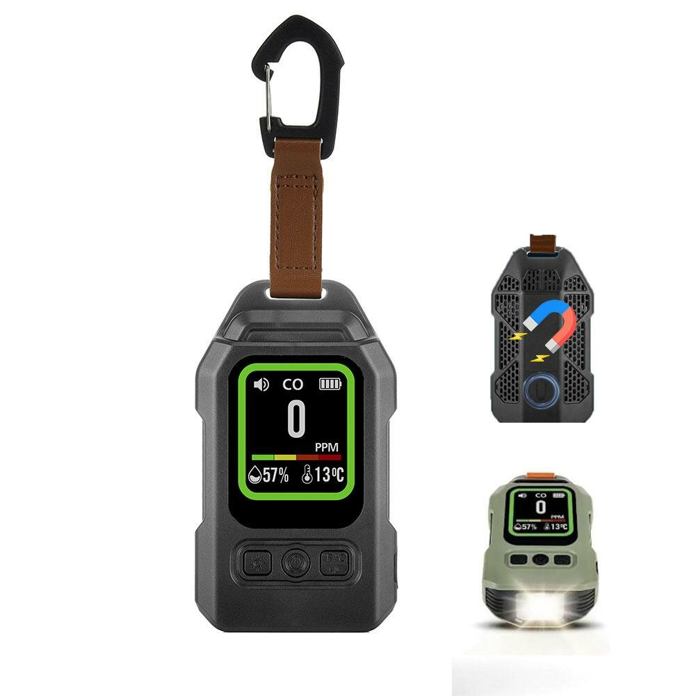 Портативный детектор угарного газа для путешествий, перезаряжаемый детектор CO 3-в-1 с измерением температуры и влажности, более 340 часов работы в режиме ожидания, звуковая и визуальная сигнализация для кемпинга, отелей, автомобилей и автодомов.