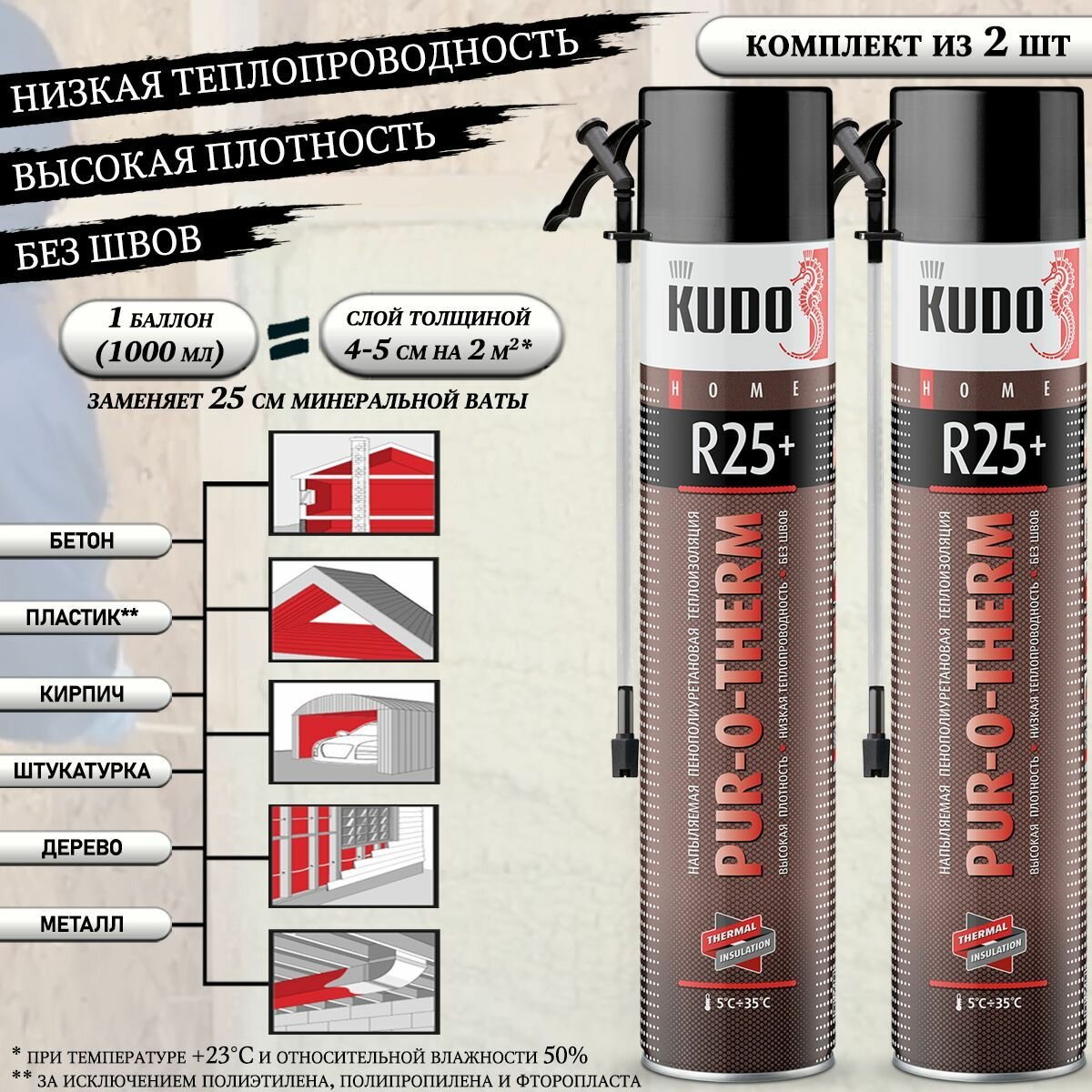 Напыляемая теплоизоляция KUDO "PUR-O-THERM R25+", бесшовная, пенополиуретановая, 1000 мл, комплект 2 шт