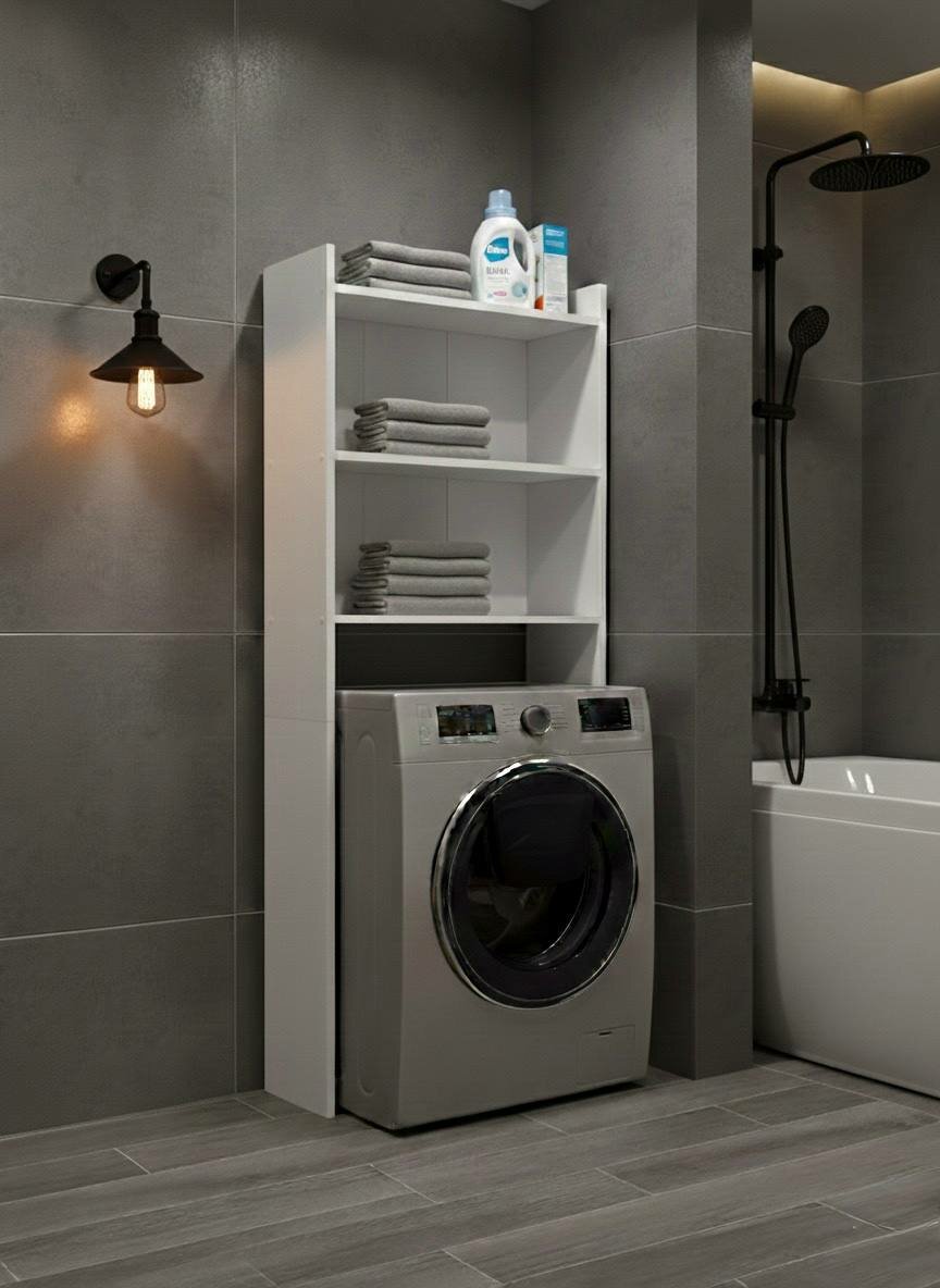 Шкаф стеллаж над стиральной машиной в ванную, напольный, ЛДСП белый