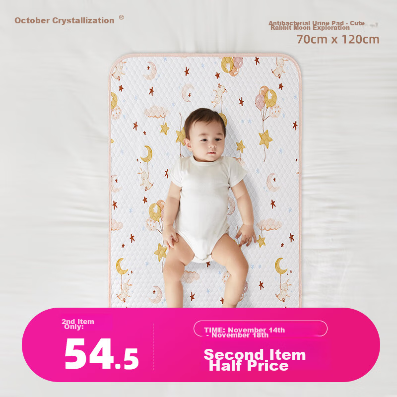 October Crystal Baby Diaper Pad, Antibacterial, Washable, Breathable, Baby Care Pad, Menstrual Pad, Washable Bed Sheet, 70*120, Cute Rabbit Exploring The Moon