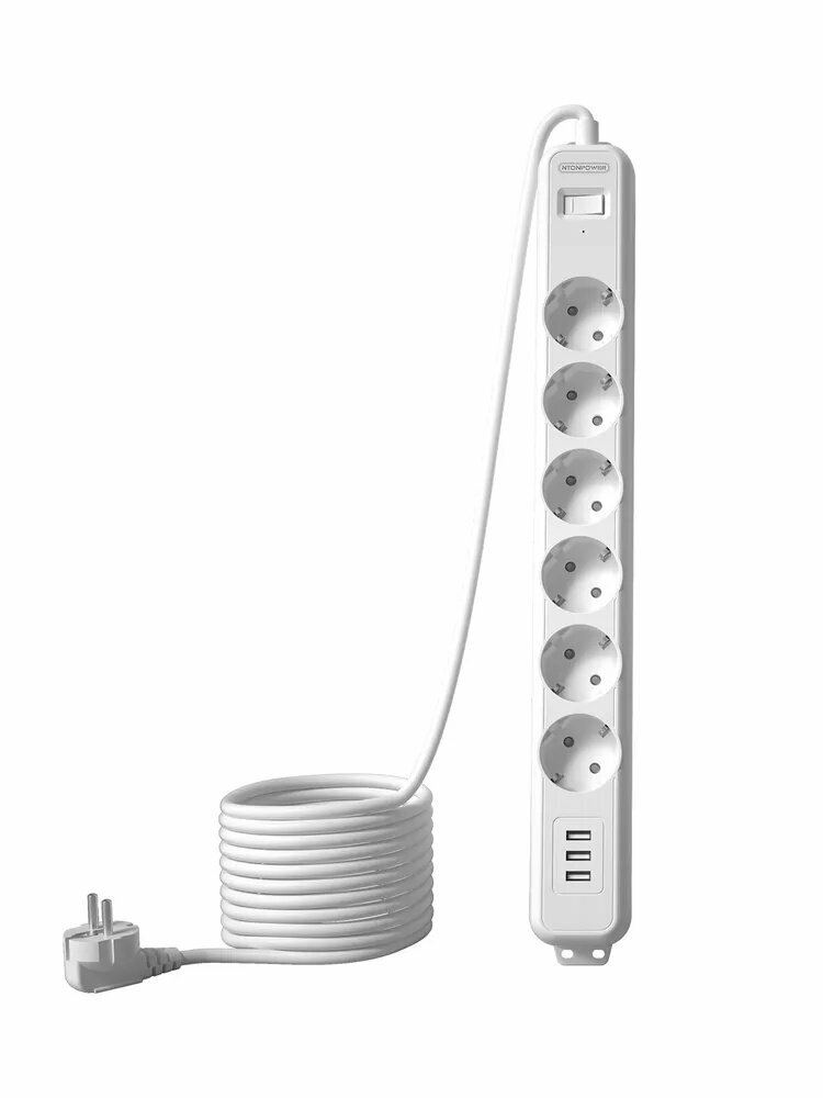 Удлинитель сетевой с выключателем NTONPOWER LSK с заземлением, 6 розетки 3USB, 3 м удлинитель, 2500 Вт