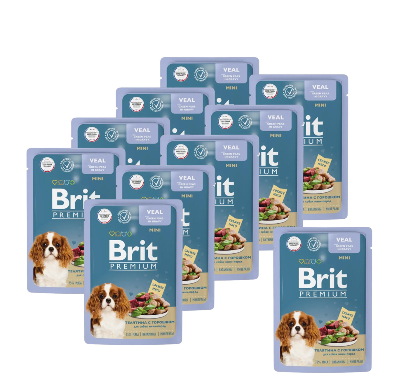 BRIT PREMIUM, Пауч для взрослых собак мини пород, Телятина с зеленым горошком, в соусе, 85г x 10 шт.