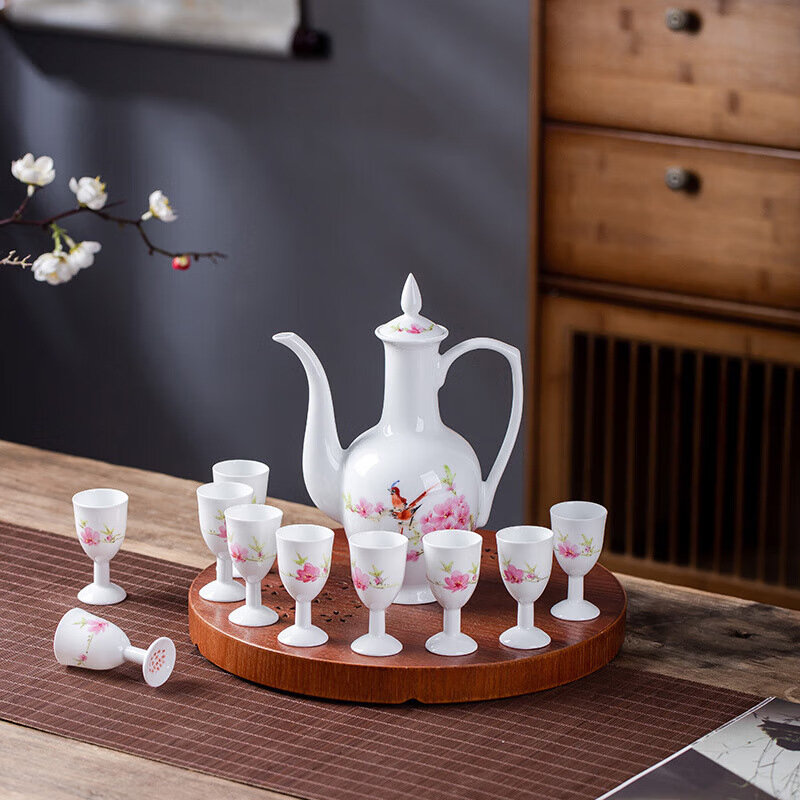 Набор для вина из белого фарфора ручной росписи с водяными точками и персиковыми цветами, набор для вина, керамический набор для вина, винный бокал, подарок для дома