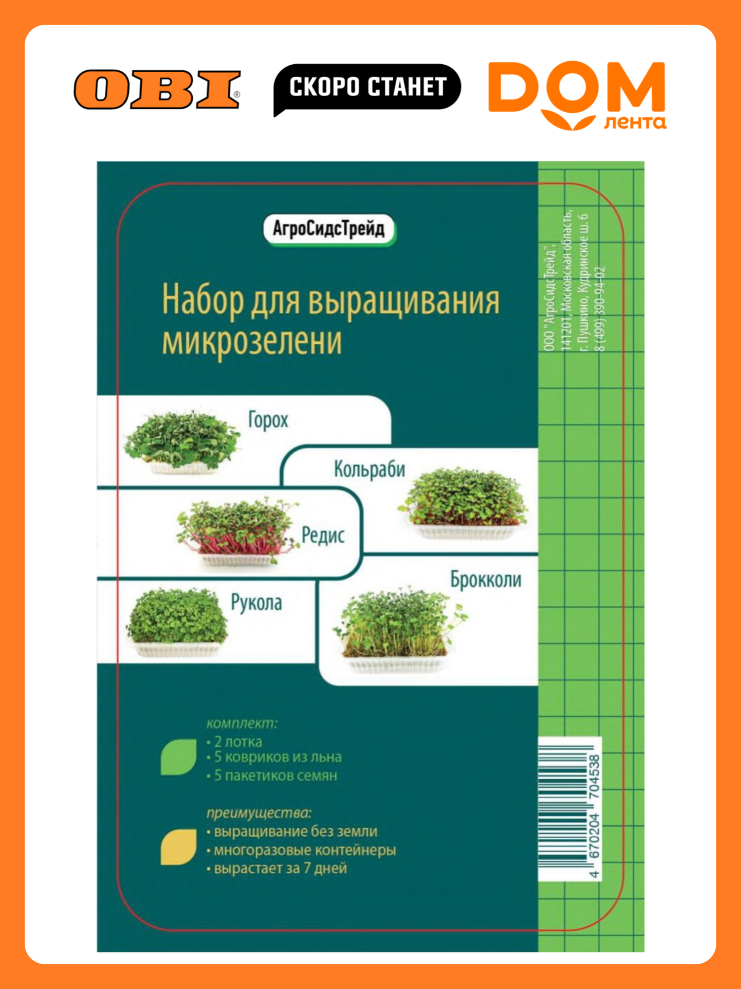 Набор для выращивания микрозелени 5 в 1 Рукола, Брокколи, Кольраби, Горох, Редис АСТ