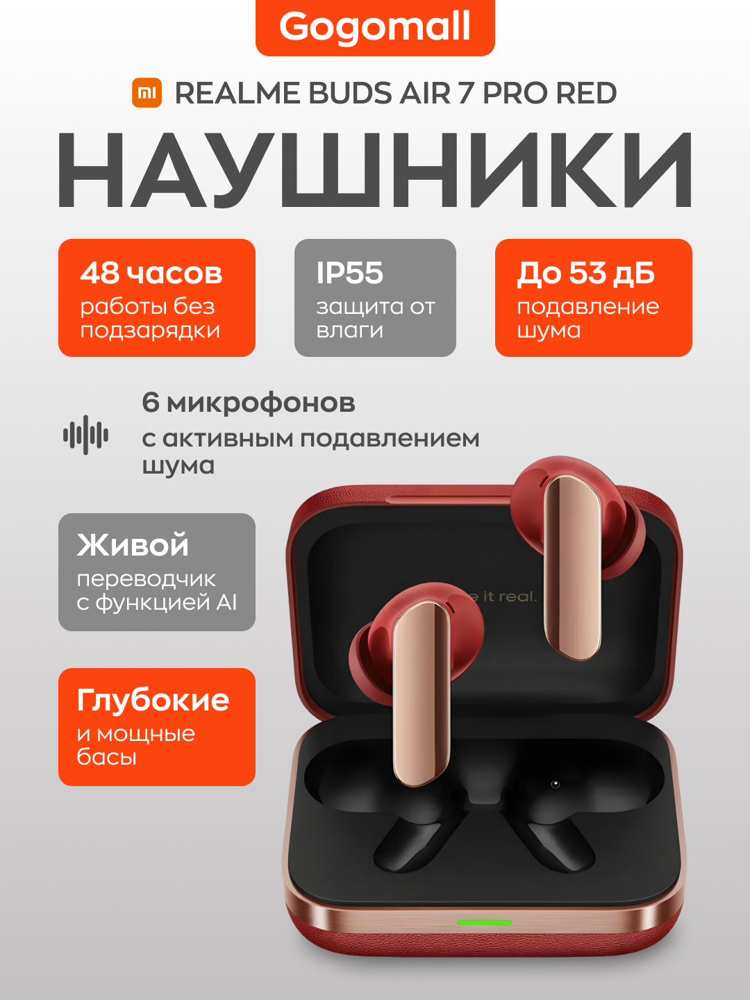 Беспроводные наушники Realme Buds Air 7 Pro Красный, ANC, Bluetooth