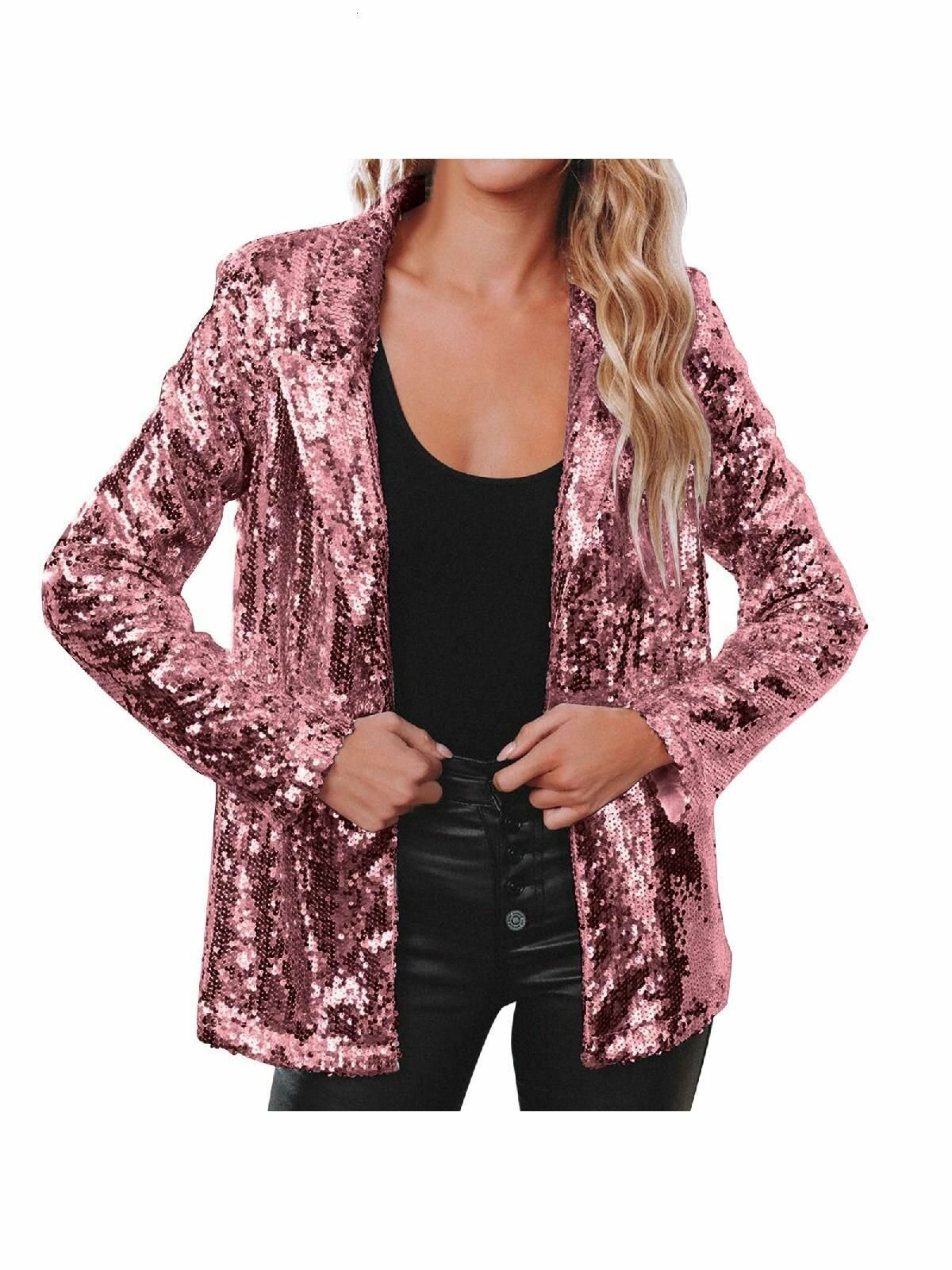 Женская блузка с блестками и лацканами, Розовый - XL