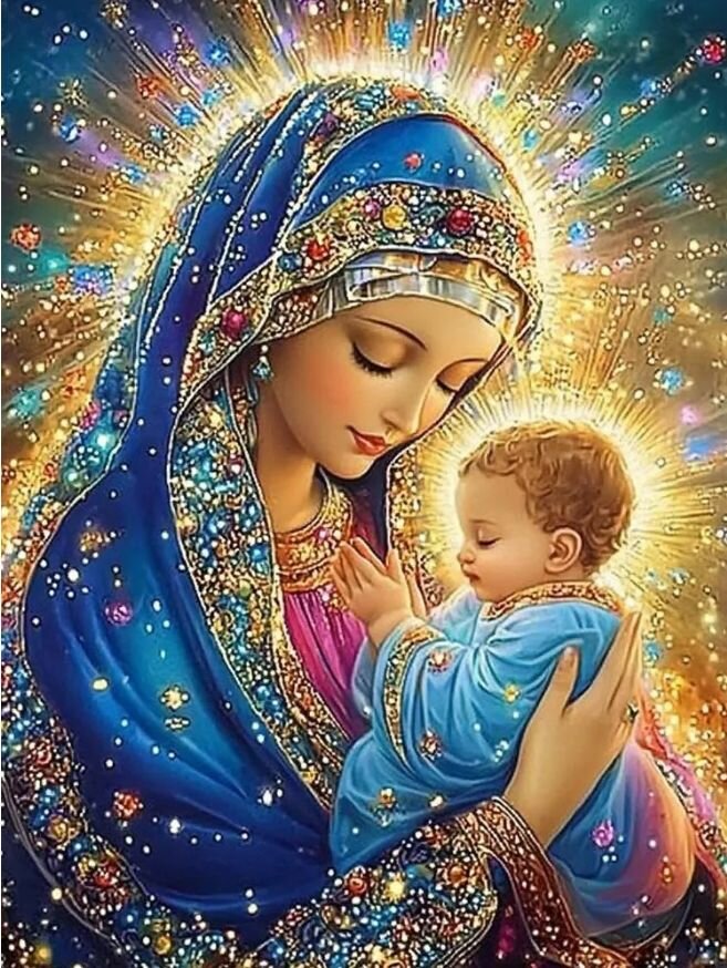 Алмазная картина "Богородица с Младенцем", 40x50 см. Православная икона, золотые узоры