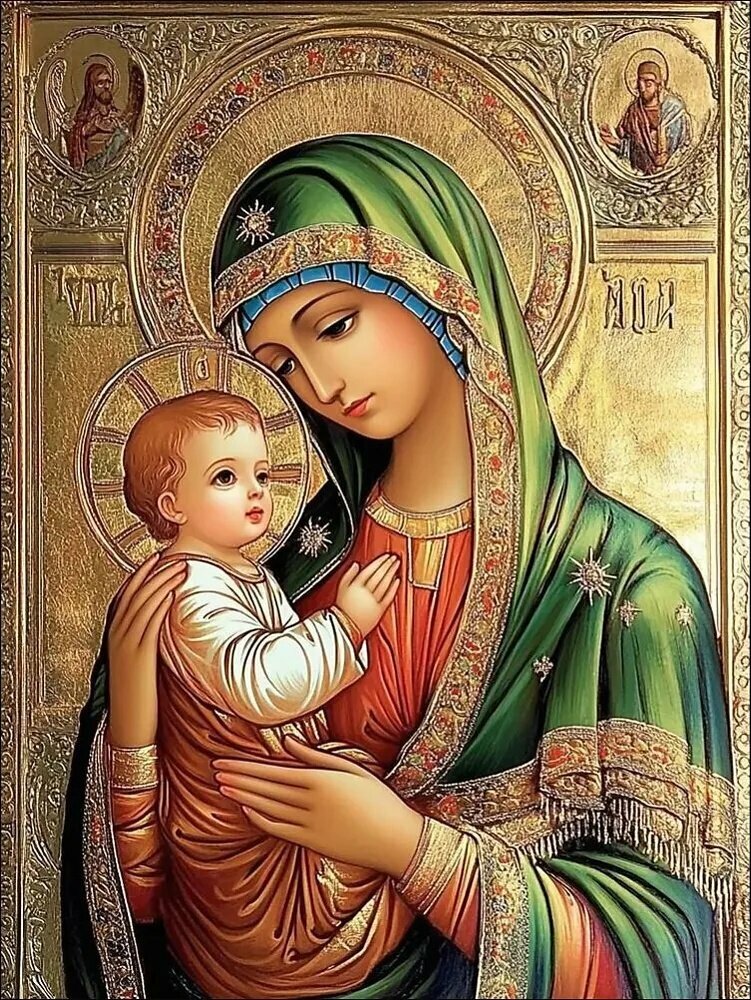 Алмазная картина "Богородица с Младенцем", 30x40 см. Православная икона, золотые узоры.(без подрамника, без рамки)