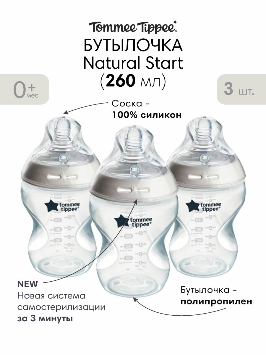 Бутылочка для кормления Tommee Tippee Natural Start, 260 мл, 3 шт, 0+