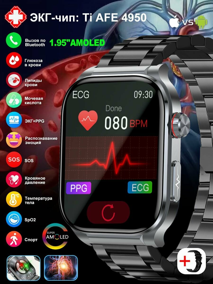 Умные часы с экг и измерением давления, 1,96' дюйма AMOLED экран 410*502, с функцией измерения уровня сахара в крови