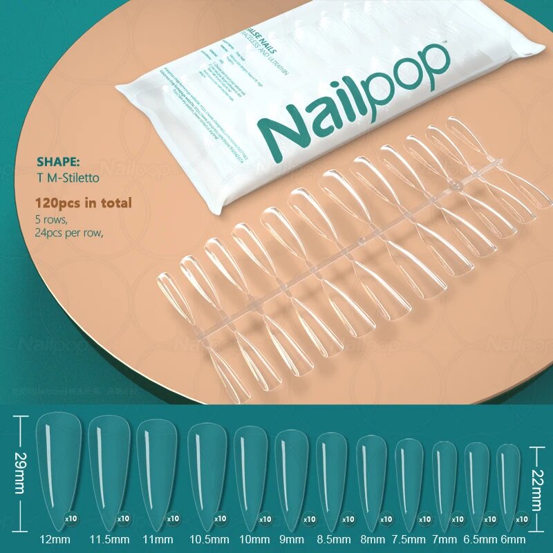 NAILPOP 120 шт. Акриловые типсы для ногтей, прозрачные, форма гробика Clear M-Stiletto 120
