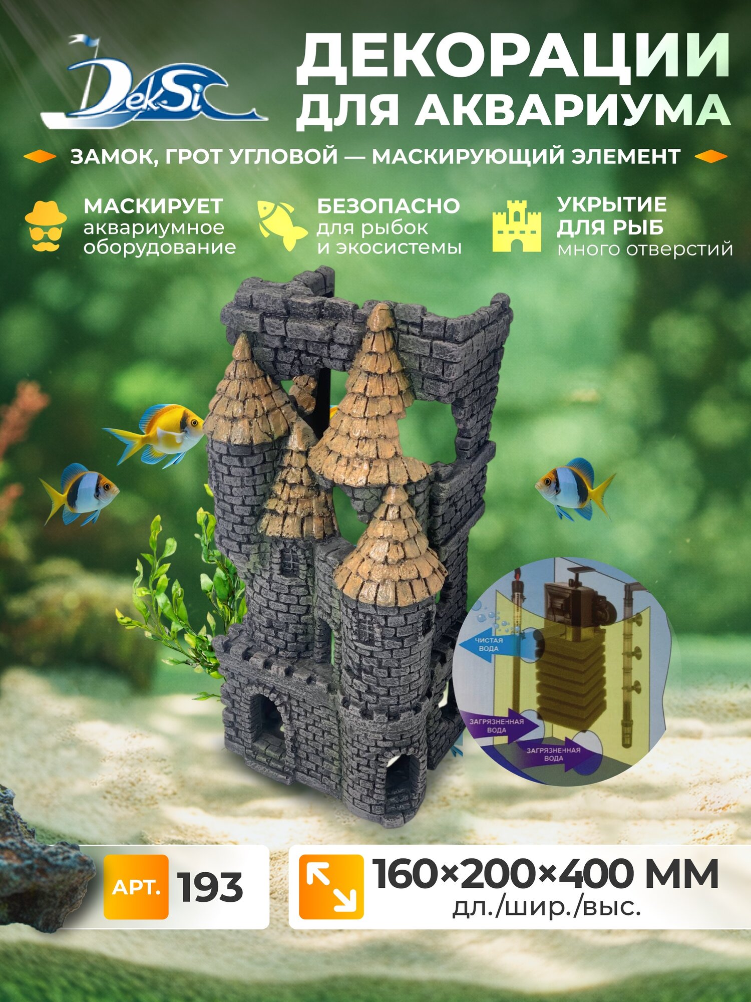 Декорация для аквариума Замок, грот DEKSI 193 маскирующий элемент для фильтра и обогревателя