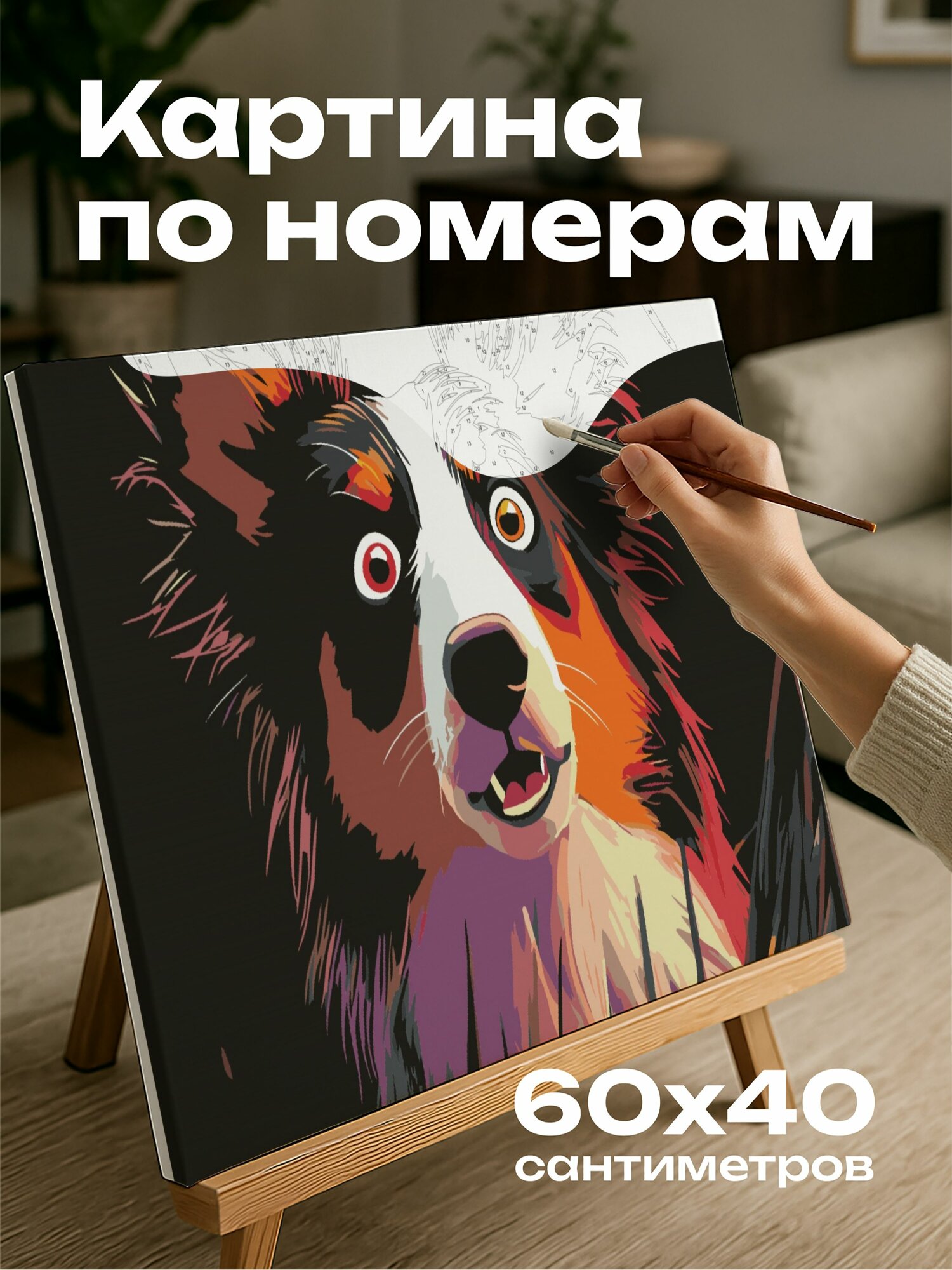 Картина по номерам 60x40 см, Колли, мультяшный стиль, яркие краски, радостное выражение лица, любовь, товарищество