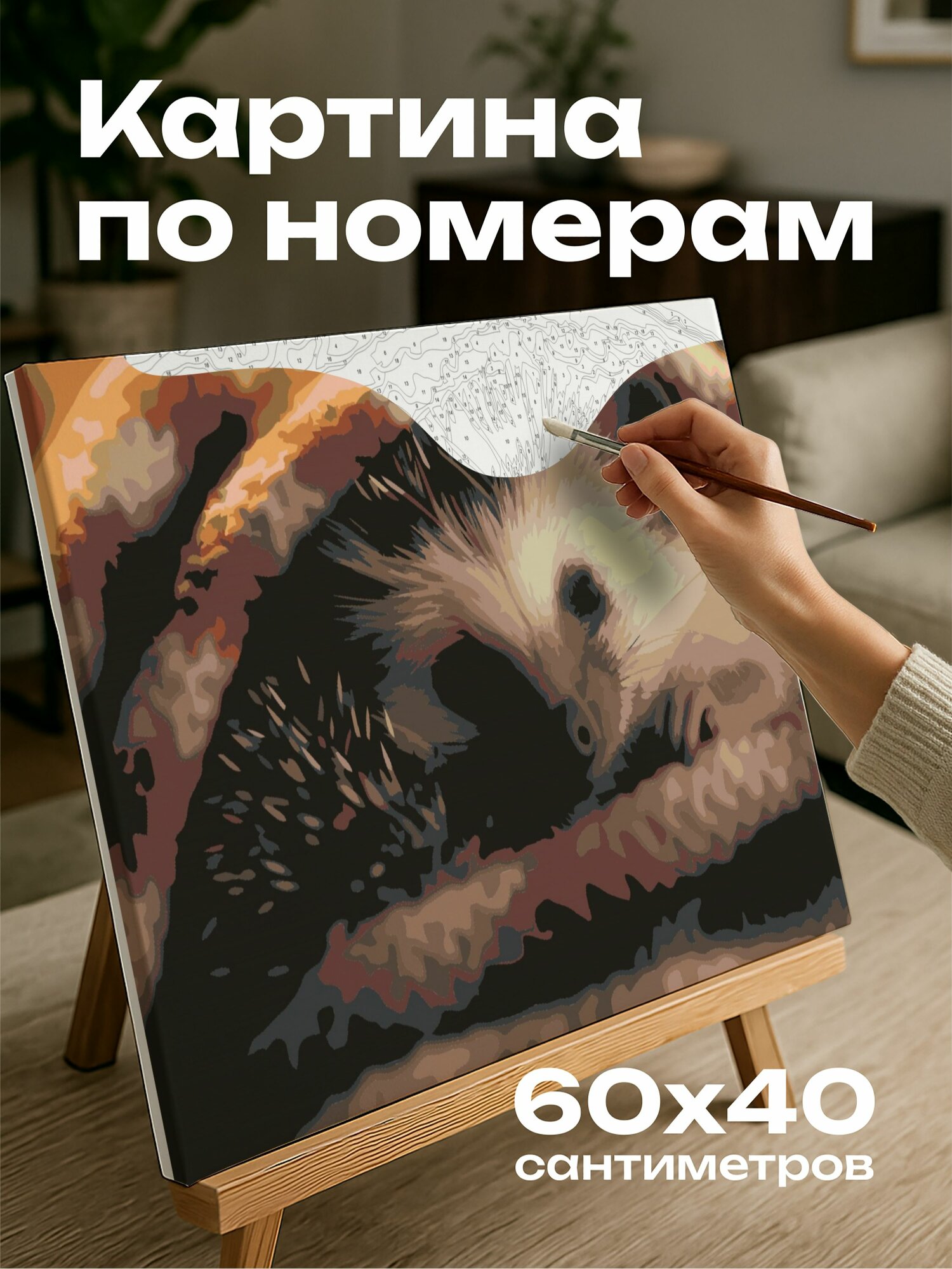 Картина по номерам 60x40 см, ежик, фотография, калачик, одеяло, носик, солнечный свет, окно, теплая атмосфера