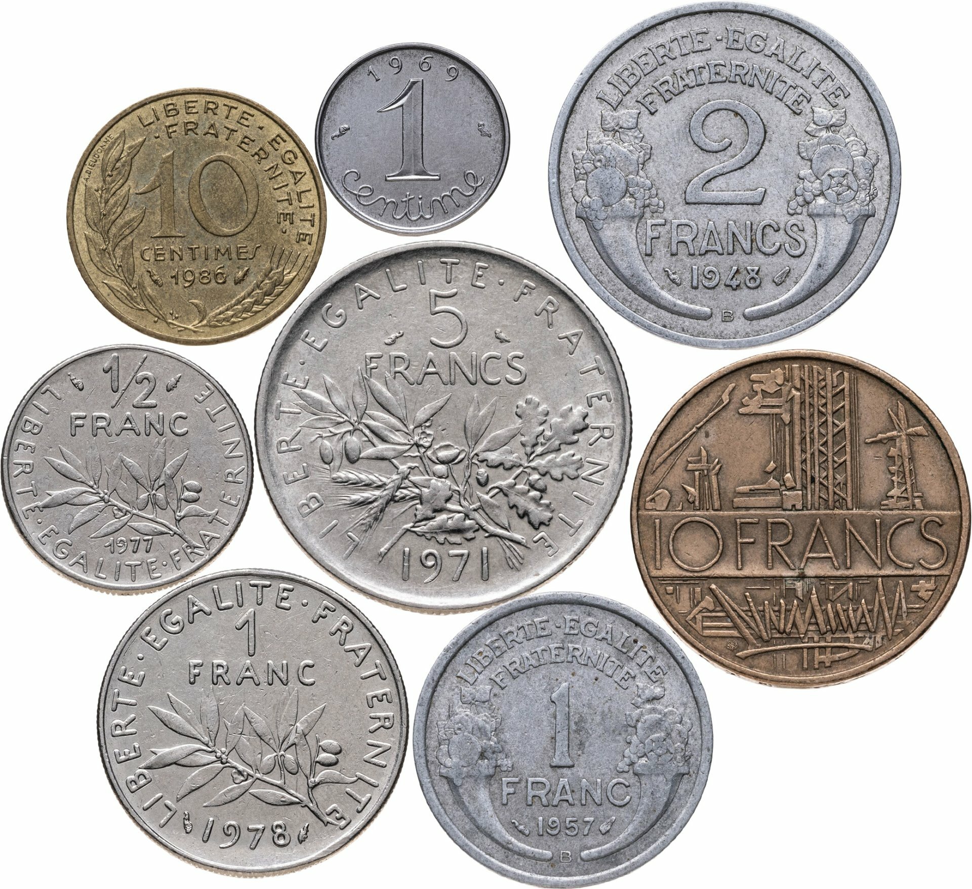 Франция набор из 8 монет 1, 10 сантимов, 1/2, 1, 2, 5, 10 франков 1948-1986, Различные сплавы, в сохранности VF-UNC